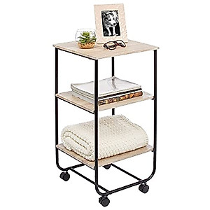 mDesign Metal Wood 3-Tier Rolling Household Storage Cart to use in Bathrooms, Kitchen, Craft Rooms, Laundry Rooms, and Kid's Rooms - Portable, Includes 4 Caster Wheels - Natural/Black