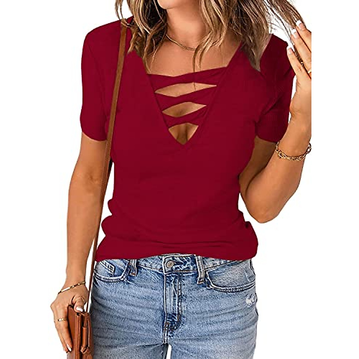 Summer Sexy Burgundy Red Tops for Women Deep V Neck Short Sleeve 2025 Trendy Cleavage Criss Cross Low Cut Plunge Concert Going Out Date Night Party Club Ribbed Knit T Shirts Fitted Blouses M