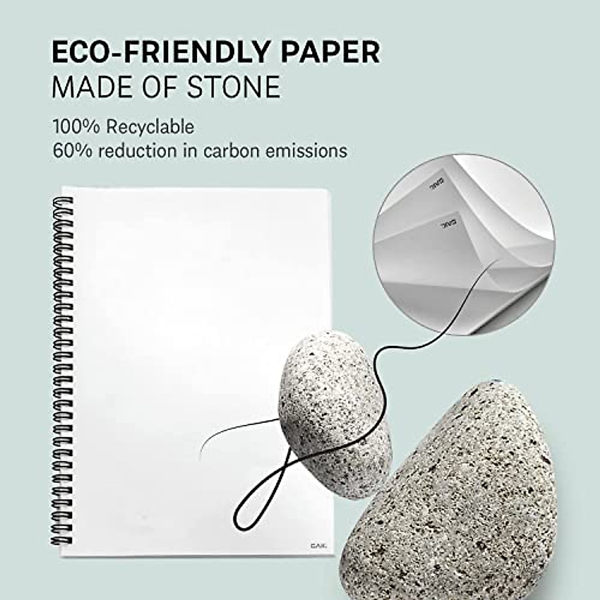 GAK. Stone Paper Waterproof Spiral Notebook, 7.20”x10.11”, 50 sheets, Durable Notebook, Eco-Friendly Mineral Stone Paper Notebook, Waterproof Notepad, Ruled, Green