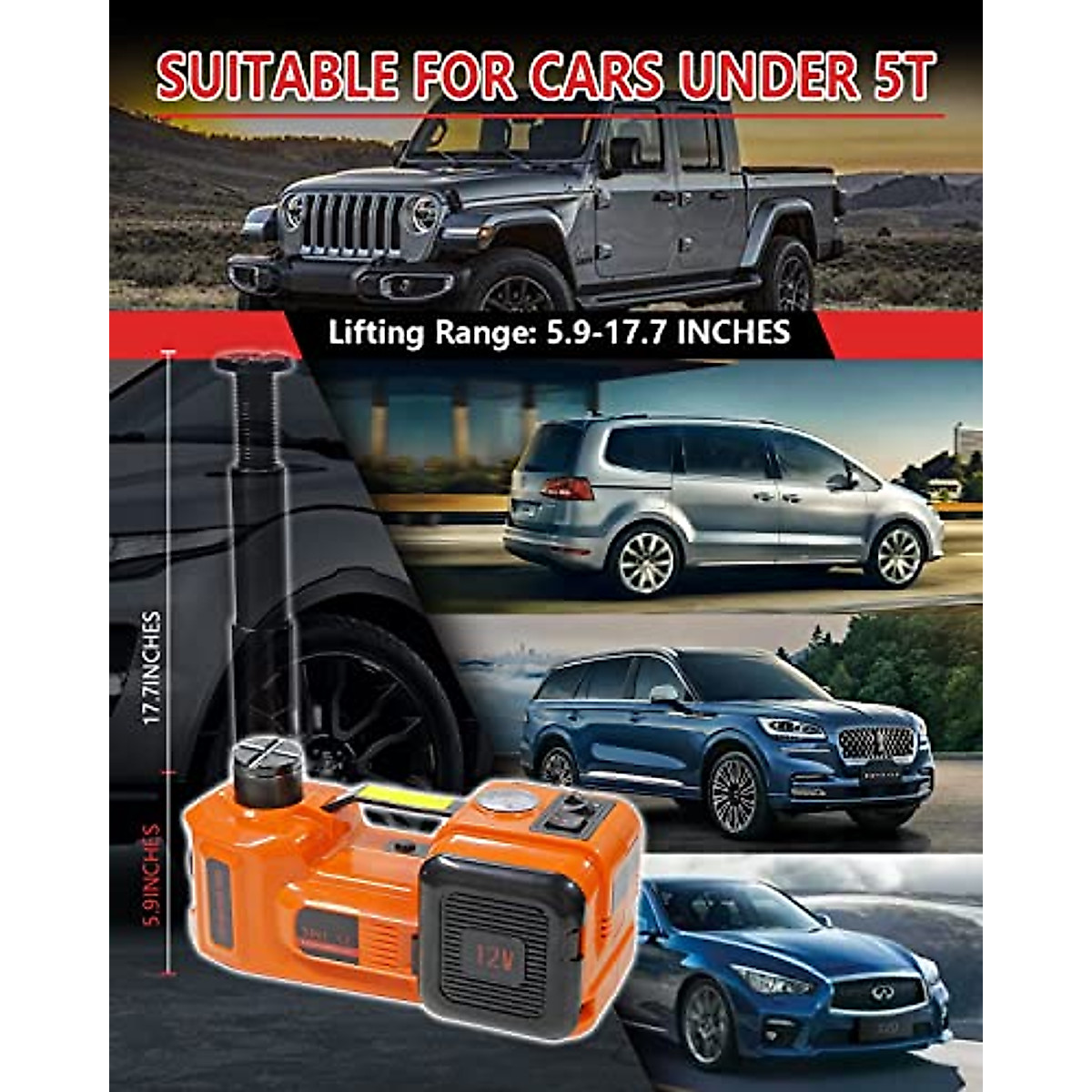 KIMHI Electric Car Jack Kit 5Ton 12V Hydraulic Car Jack with Electric Impact Wrench,Tire Inflator Air Compressor,4 in 1 Floor Jack Electric Jack for Car Sedan SUV MPV Truck with LED Light