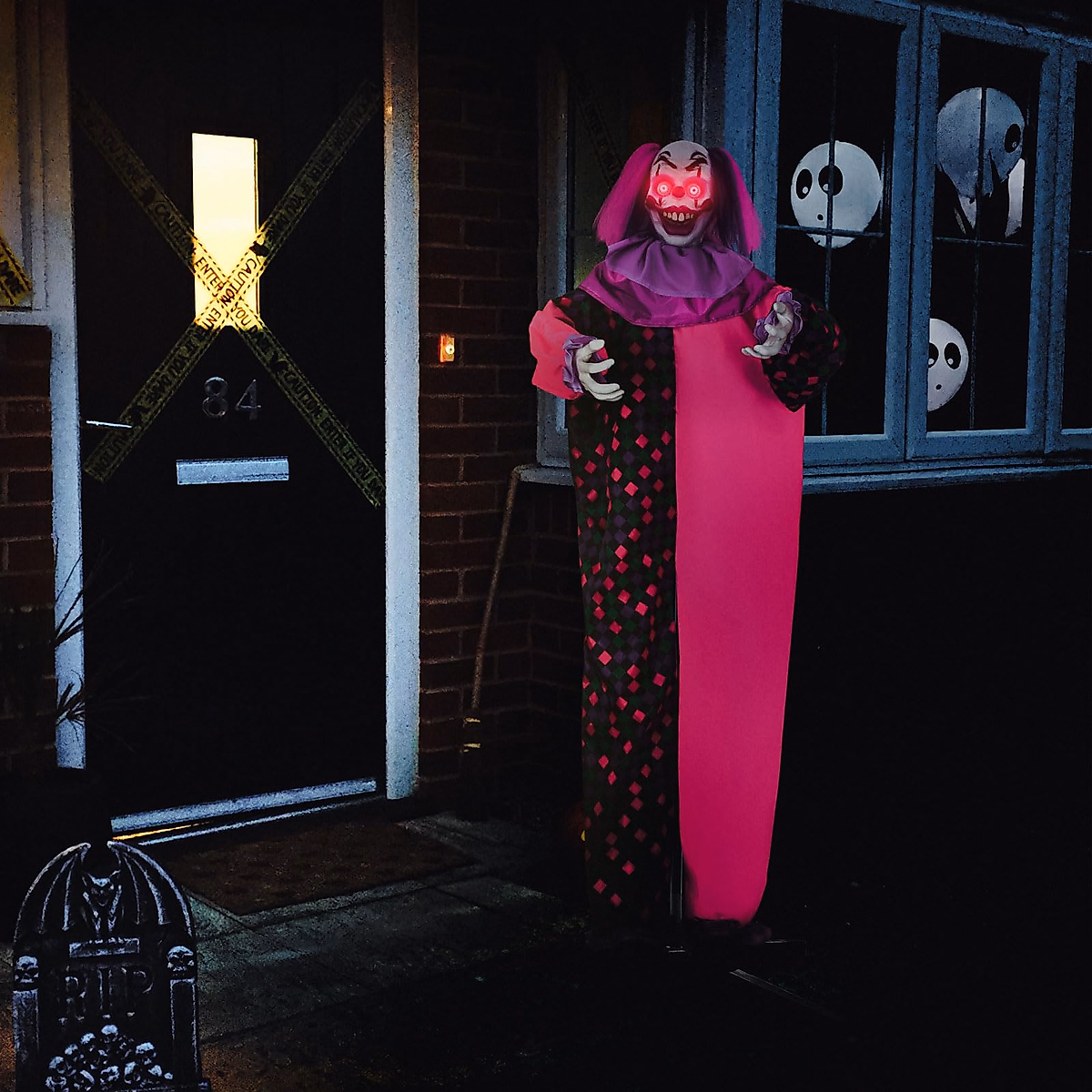 64" Halloween Clown Animatronics with Flashing Red Eyes & Moving Arm, Talking Life-Size Clown Halloween Decorations for Haunted House Outdoor Decorations (Touch and Sound Activated)