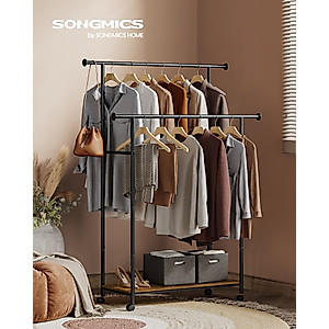 SONGMICS Clothes Rack with Wheels, Double-Rod Clothing Rack for Hanging Clothes, 38.8 Inches Garment Rack with Shelf, Loads up to 220 lb, for Bedroom, Closet, Rustic Brown and Ink Black UHSR152B01