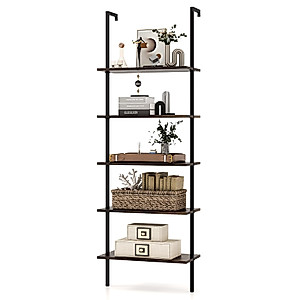 Tangkula 5-Tier Bookshelf, Modern Wall Mounted Ladder Shelf, 5 Tiers Wood Wall Open Bookcase with Metal Frame, Home Office Display Storage Shelves for Collection, Plant Flower Stand (1, Brown)