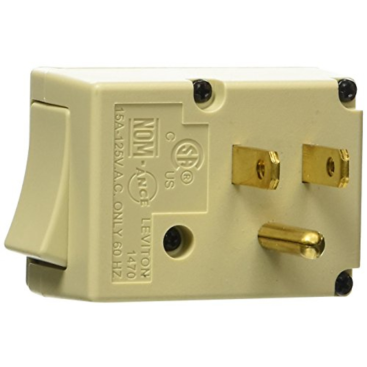 Leviton 1470-I 15 Amp 125V AC 3-Wire Grounded Switch Tap with On/Off Button, Ivory
