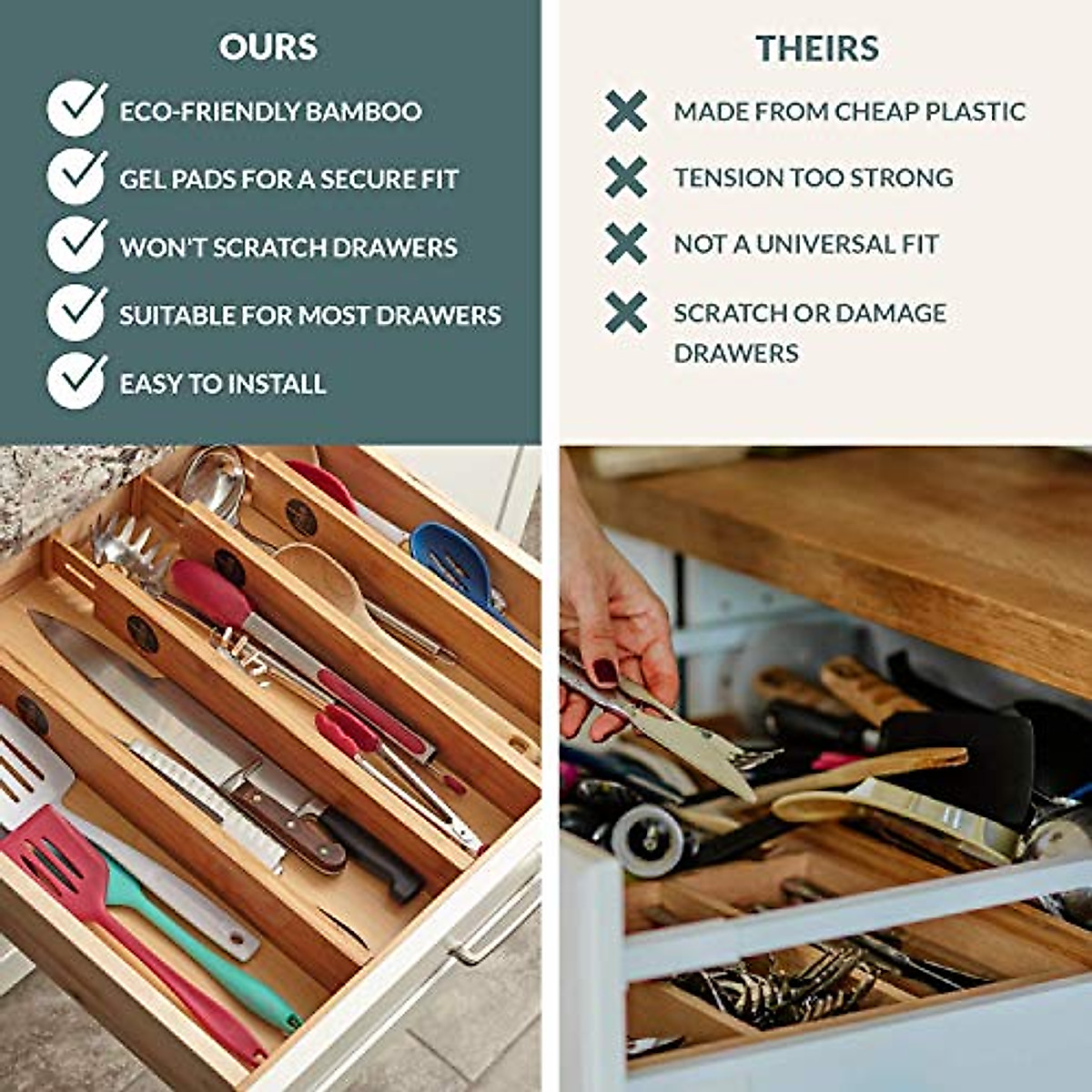 Milov Home Organizer for Kitchen Drawers - Spring Loaded Bamboo Dividers from 17.5" to 21.5" - Expandable Drawer Divider For Kitchen, Bedroom, Office - Set of 4 - No Assembly - Stackable