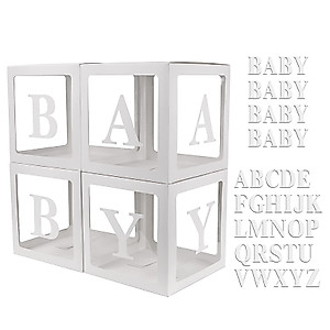 JOYYPOP Baby Boxes with 42pcs Letters(A-Z+Baby) for Baby Shower, Transparent Balloon Boxes Blocks for Gender Reveal, Bridal Shower, Birthday Party Decorations (White)