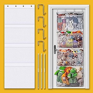 DBEES Stuffed Animal Storage, Large Capacity Over Door Stuffed Animal Organizer, 4 Expandable Mesh Net Pockets Breathable Hanging Plush toy storage, for Boys, Girls, Organizing Nursery, Bedroom