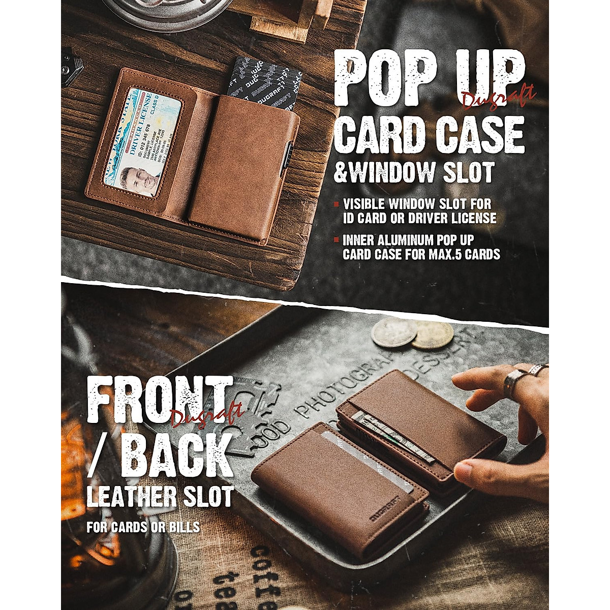 DUGRAFT Mens Bifold Card Holder with Aluminum POP UP Credit Card Ejector RFID Blocking, ID Window and 2 Extra Card Slots, Gift Box Packed, Brown