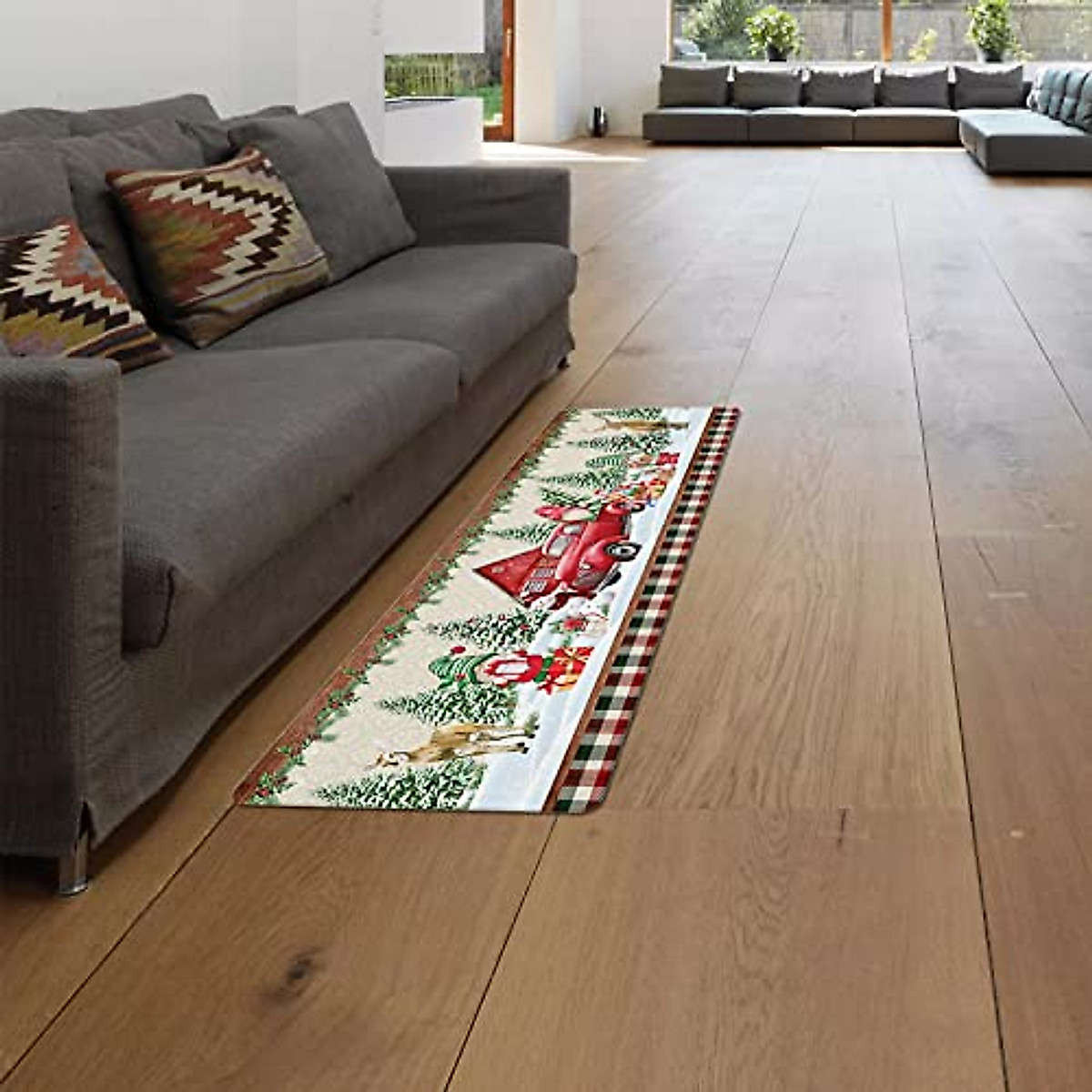 Kitchen Mat Rug Set of 2 Christmas Farmhouse Elk Gnome Truck Red Green Plaid Runner Rug Anti-Fatigue Comfort Memory Foam Standing Mat Non-Slip Floor Door Mat for Bathroom Bedroom 16x24n+16x47in