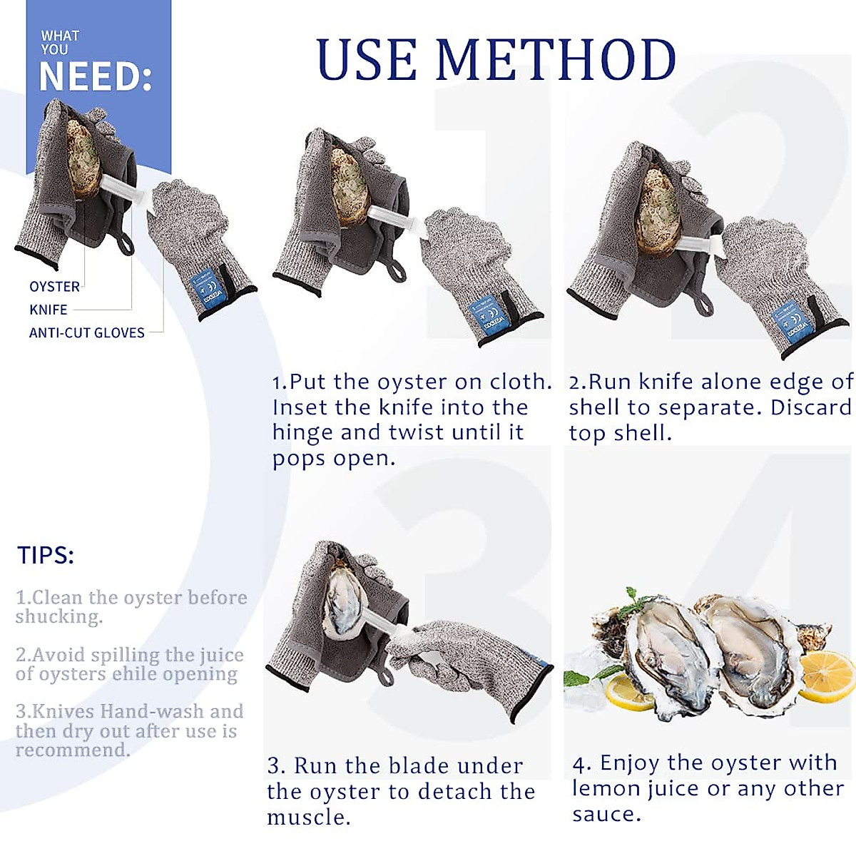 WENDOM Oyster Knife White Oyster Shucker with Anti-slip Handle New Haven Style for Working Stainless Steel Oyster Shucking Knife 12Pack