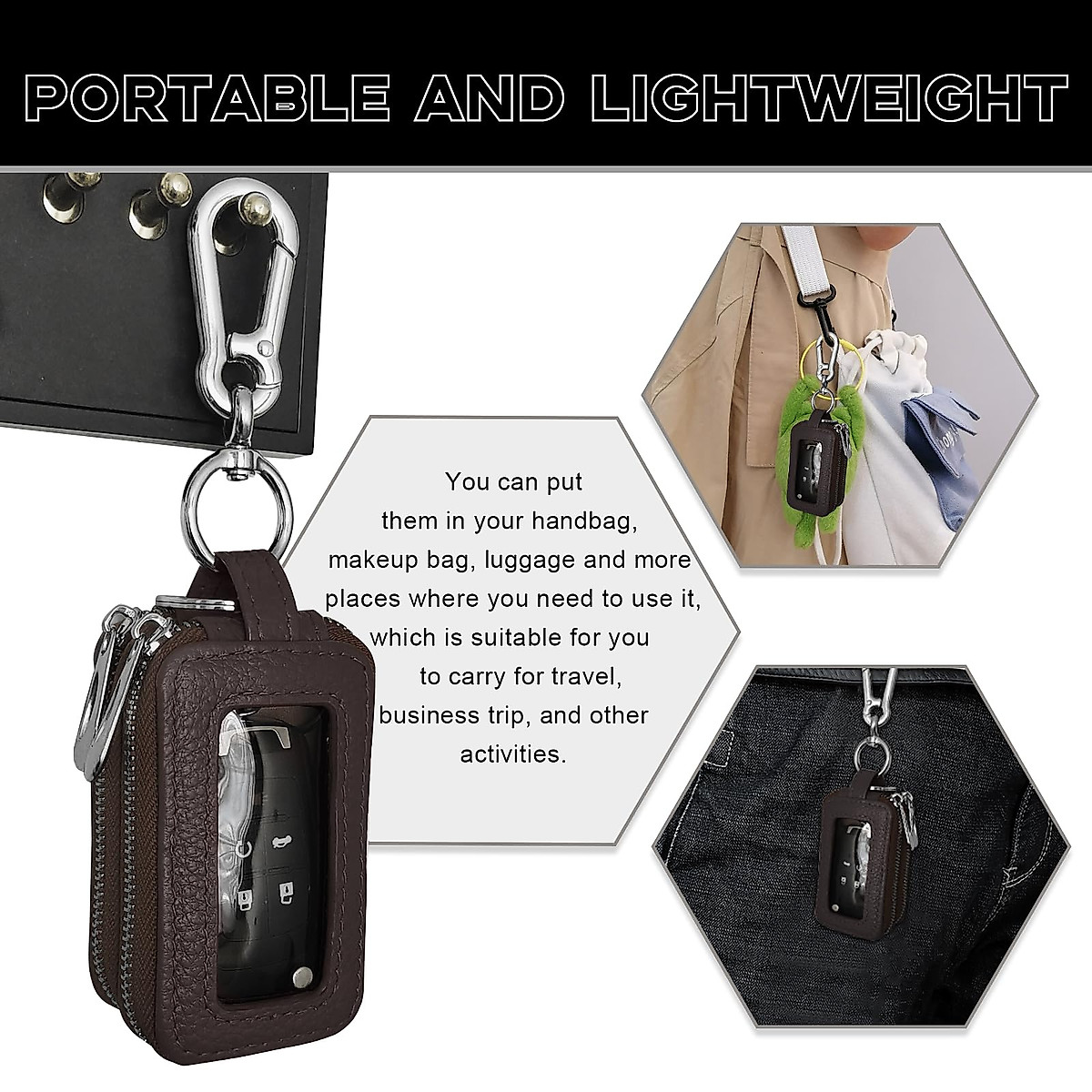 Car Key Fob Case, Double Zipper Genuine Leather Protection Key, Universal Premium Car Key Fob Case, Metal Hook and Keyring with Transparent Window for Men Women (Coffee)