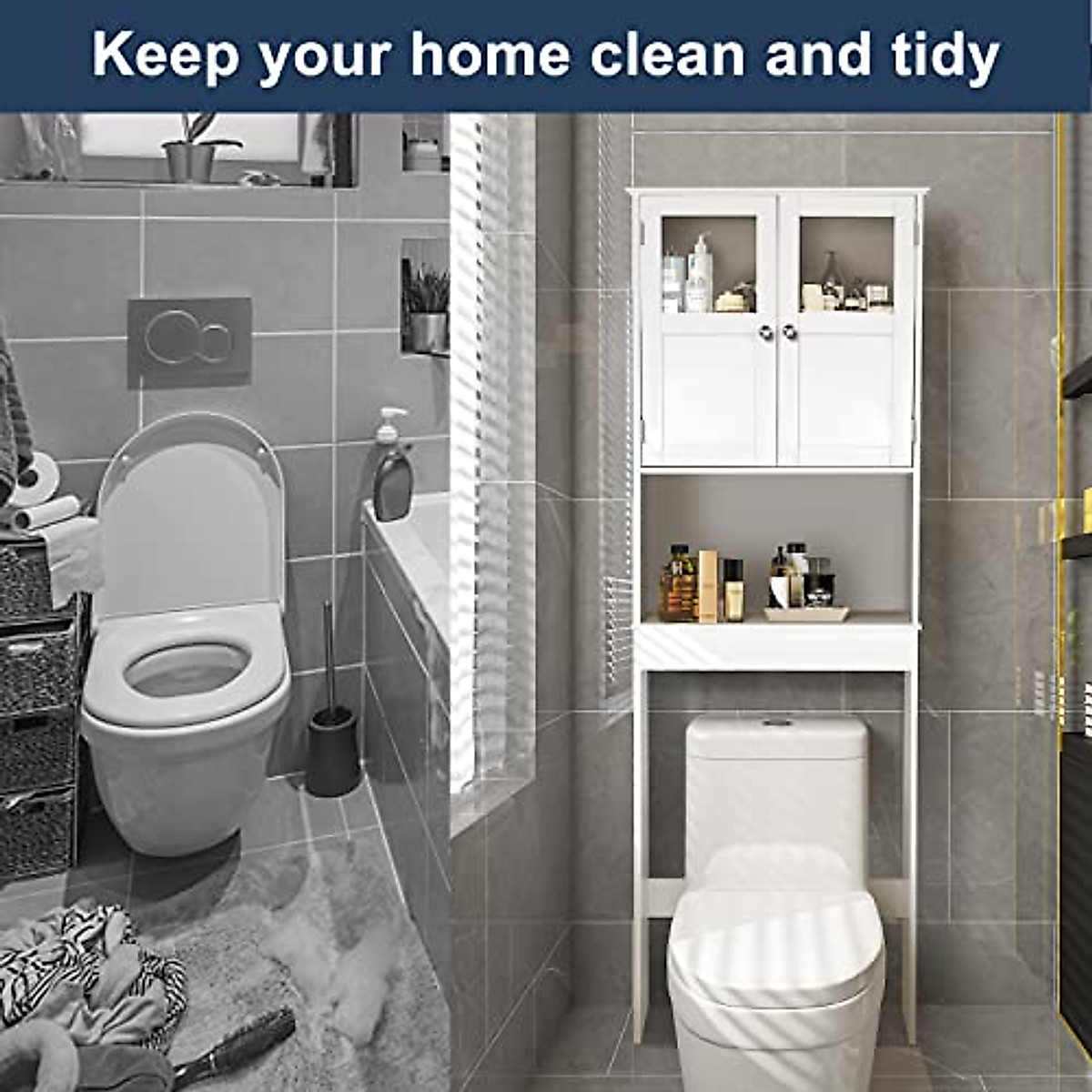 Bonnlo Over Toilet Storage, Bathroom Space Saver with Double Door Glass Window Cabinet Tower with Adjustable Shelf (White)