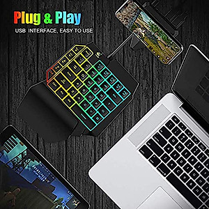 FELICON One Handed Gaming Keyboard and Mouse Combo, Rainbow Backlit 39 Keys Portable Small Mechanical Feel Keyboard with Wrist Rest Support, RGB Backlight 6 Buttons Adjustable Mice for PC Gamer