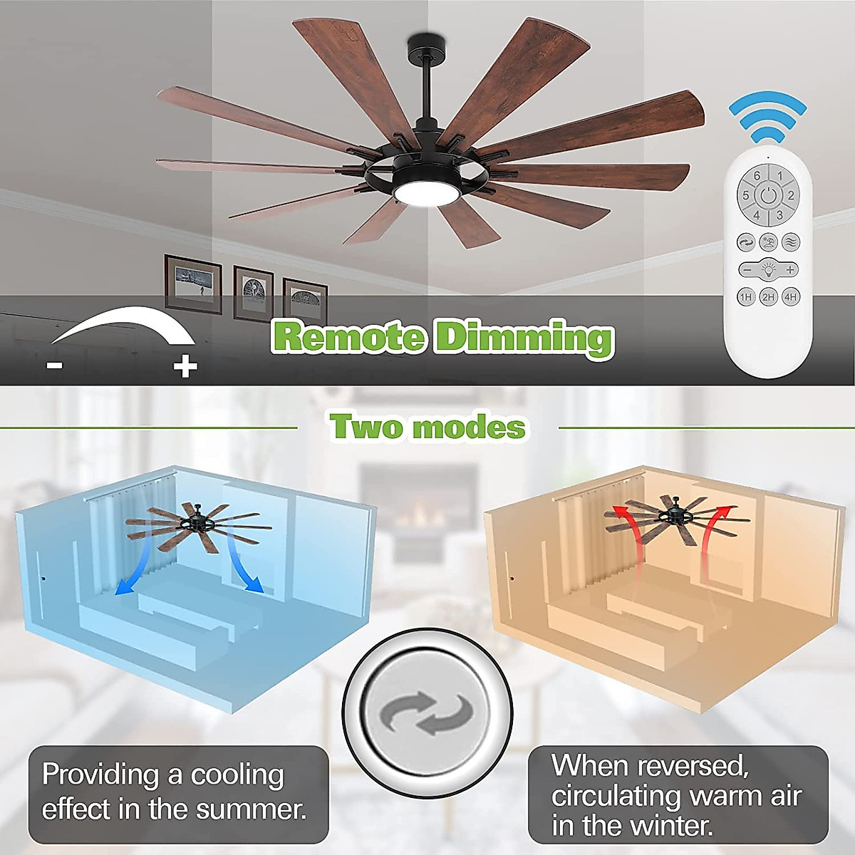 hykolity Ceiling Fan with Light and Remote 65 inch Farmhouse Large Ceiling Fan, Reversible Motor and Blades, 5CCT Selectable, for Living Room Basement Sunroom Porch Patio, 6-Speed Remote Control