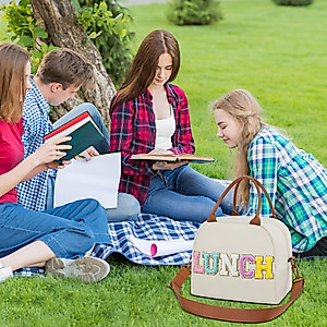 Lunch Box for Women, Large Insulated Lunch Bag, Personalized Preppy Lunch Box for Girls Adults with Adjustable Shoulder Straps,Lunch Bag Women with Chenille Letters（Beige-lunch）