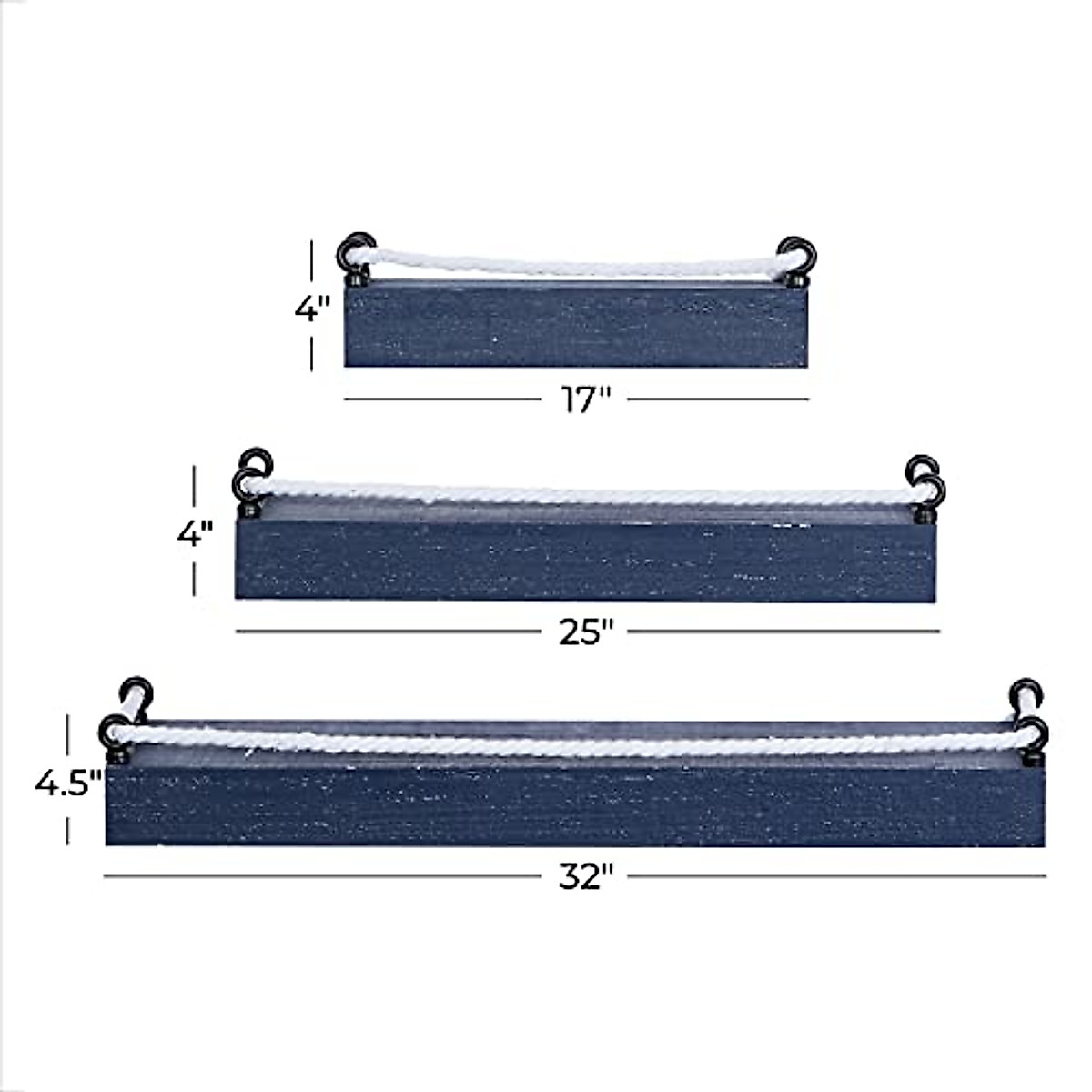Deco 79 Wood 3 Shelves Wall Shelf with Knotted Rope, Set of 3 32", 25", 17"W, Blue