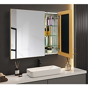 FOMAYKO Bathroom Medicine Cabinet with Farmhouse Gold Metal Framed 26(H) x30(W) Inches Double Sided Mirror Door Recess or Surface Mount Mirror Cabinet for Bathroom Toilet Kitchen