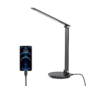 MONGERY LED Desk Lamp with USB Charging Port, Touch Control Dimmable Office Lamp, 5 Color Modes 6 Brightness Levels Eye-Caring Table Lamp for Home Office Bedroom Reading Study, Black