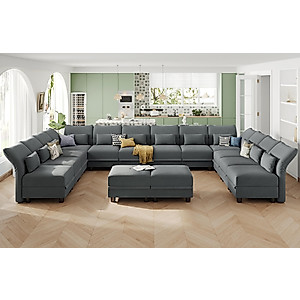 LLappuil Sectional Couch Convertible Oversize U Shaped Modular Sectional Sofa with Storage Easy Clean Anti-Scratch 14 Seat Velvet Sectional for Living Room, Grey