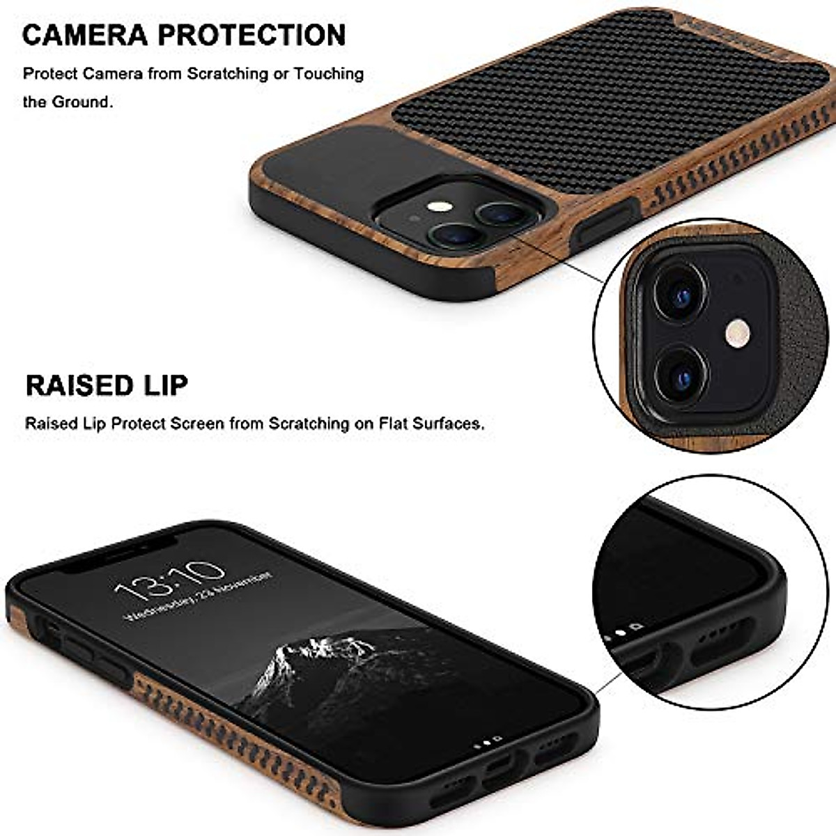 TENDLIN Compatible with iPhone 12 Case/iPhone 12 Pro Case Wood Grain with Carbon Fiber Texture Design Leather Hybrid Case