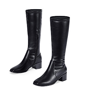 Elisabet Tang Knee High Boots for Women 2 inch Chunky Low Heel Boots Square Toe Side Zipper Fall Winter Comfort Boots Black Size 10