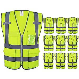Dazonity High Visibility Safety Vest with Multi Pockets and Zipper, 10 Packs,Reflective Strips, Fit for Men & Women, Work, Construction,Cycling, Runnning, Surveyor, Volunteer (Yellow-XL)