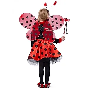 IKALI Girls Ladybug Costume, Halloween Deluxe Animal Fancy Dress Outfit with Wings (10pcs Set) 4-6Y