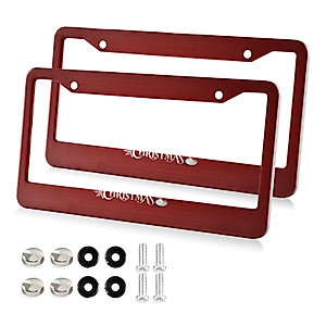 YETTASBIN Christmas Santa Claus License Plate Frames, Decorative License Plate Covers, 2 Packs Universal Aluminum Tag Frame with 2 Holes & Screw Caps for Front and Rear Car Tags, Round Hole