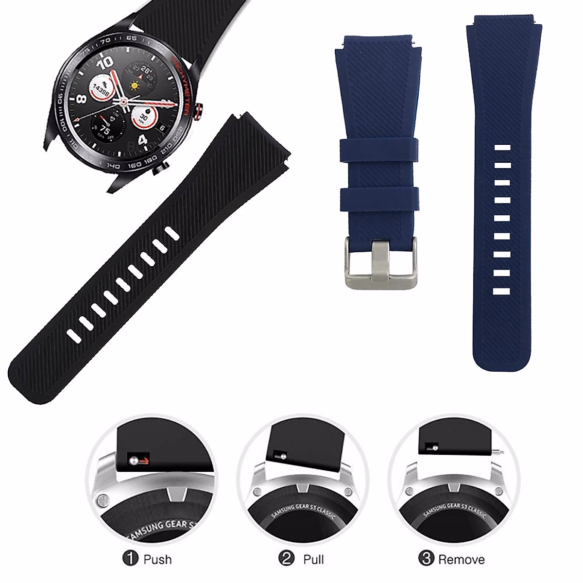 SourceTon Compatible with Huawei Watch GT/Watch GT2 Silicone Bands and Screen Protectors, Silicone Replacement Wristbands (Black & Blue) with Metal Buckle and 2 Screen Films for Huawei Watch GT/ GT2