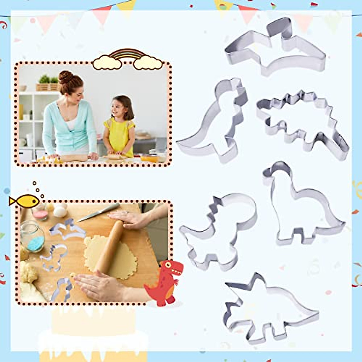 Dinosaur Cookie Cutters,hitsuki Stainless Steel Cookie Cutter Metal Cookie Cutters Fun Dino Cookie Cutters,Dinosaur Cookie Cutters for Kids Dinosaur Pancake Molds,6 Pcs