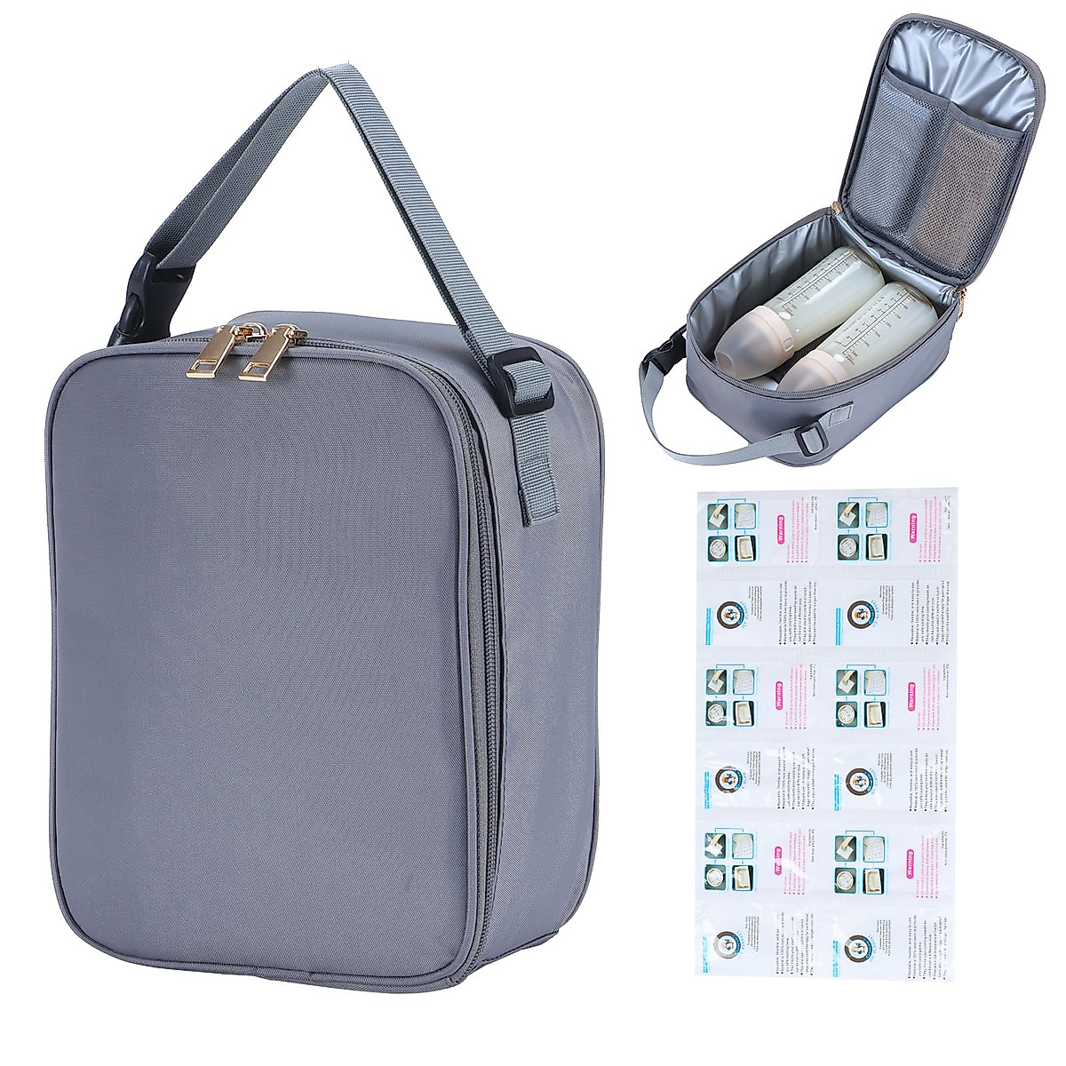 AURAUS Breast Milk Cooler Bag with Ice Packs Fits 2 Baby Bottles Up to 9 Ounce Suitable for Nursing Mom Daycare (Grey)