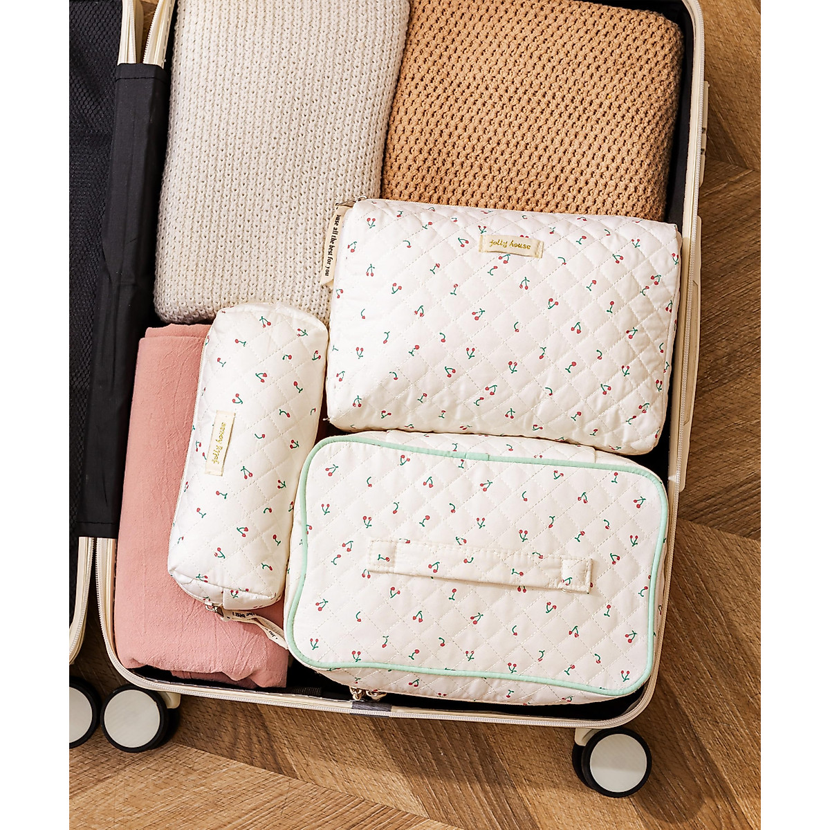 HBselect Quilted Makeup Bag, 3PCS Cotton Large Travel Makeup Bag, Cute Floral Coquette Make up Bag Cosmetic Bag Toiletry Bag for Women Girls