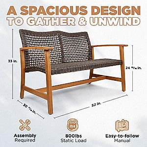 IDZO Harmonie 800lbs Capacity Outdoor Loveseat Furniture, FSC Certified Acacia Patio Sofa with Upgraded 2000 Hours UV Resistant Wicker, Teak Finish Porch Couch