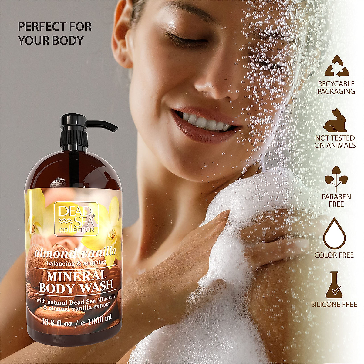 Dead Sea Collection Almond Vanilla Body Wash for Women and Men - with Pure Dead Sea Minerals and Sweet Almond Oil - Cleanses and Moisturizes Skin - Pack of 2 (67.6 fl. oz)