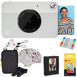 Kodak Printomatic Instant Camera (Grey) Gift Bundle + Zink Paper (20 Sheets) + Deluxe Case + 7 Fun Sticker Sets + Twin Tip Markers + Photo Album.