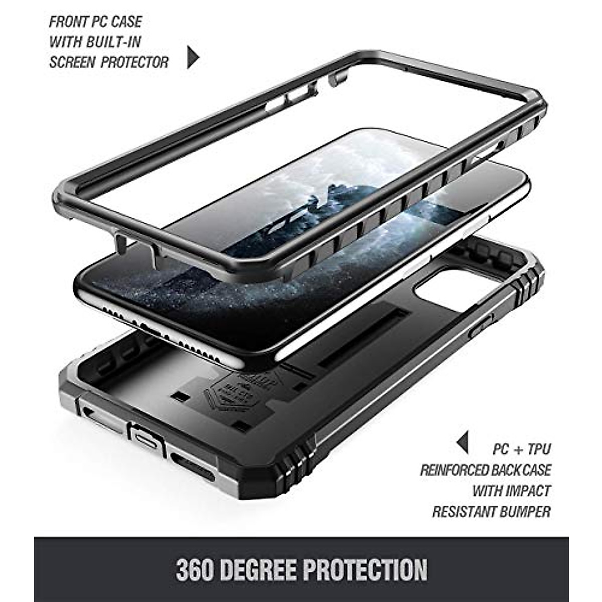 Poetic iPhone 11 Pro Rugged Case with Kickstand, Full-Body Dual-Layer Shockproof Protective Cover, Built-in-Screen Protector, Revolution Series, for Apple iPhone 11 Pro (2019) 5.8 Inch, Black