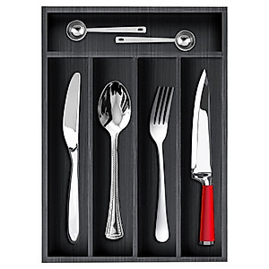 Ayiaren Kitchen Utensil Drawer Organizer Wooden Cutlery Tray Wood Silverware Drawer Divider Flatware Organizer Utensils Tray Black Bamboo Cutlery Organizer for Drawer Inserts Silverware Tray