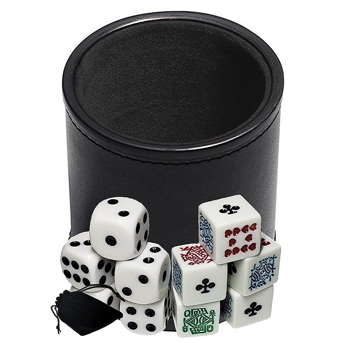 Cyber-Deals Black PU Leather Black Felt Lined Dice Cup with White Poker (Clubs Ace) & Pip Dice in Storage Pouch Set (1 Set)