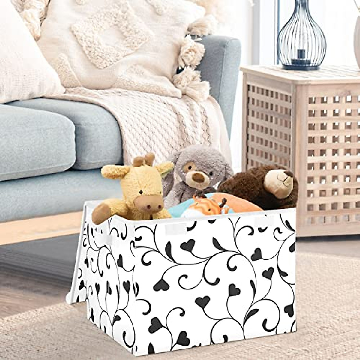 CaTaKu Hearts White Black Storage Bins with Lids and Handles, Fabric Large Storage Container Cube Basket with Lid Decorative Storage Boxes for Organizing Clothes