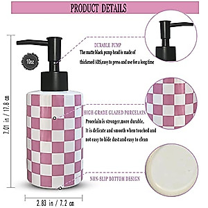 Bathroom Soap Dispenser with Matte Black Pump White Ceramic Soap Dispenser for Kitchen Checkerboard Empty Pump Bottle (Pink)