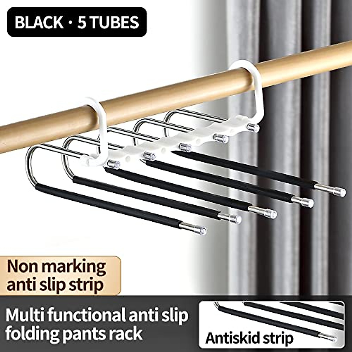 Pants Hangers Space Saving-2 Pack Stainless Steel Multifunctional Uses Rack Organizer-5 Tier No Slip Collapsible Pant Rack for Pants,Jeans,Scarf,Trouser,Towel,Clothes