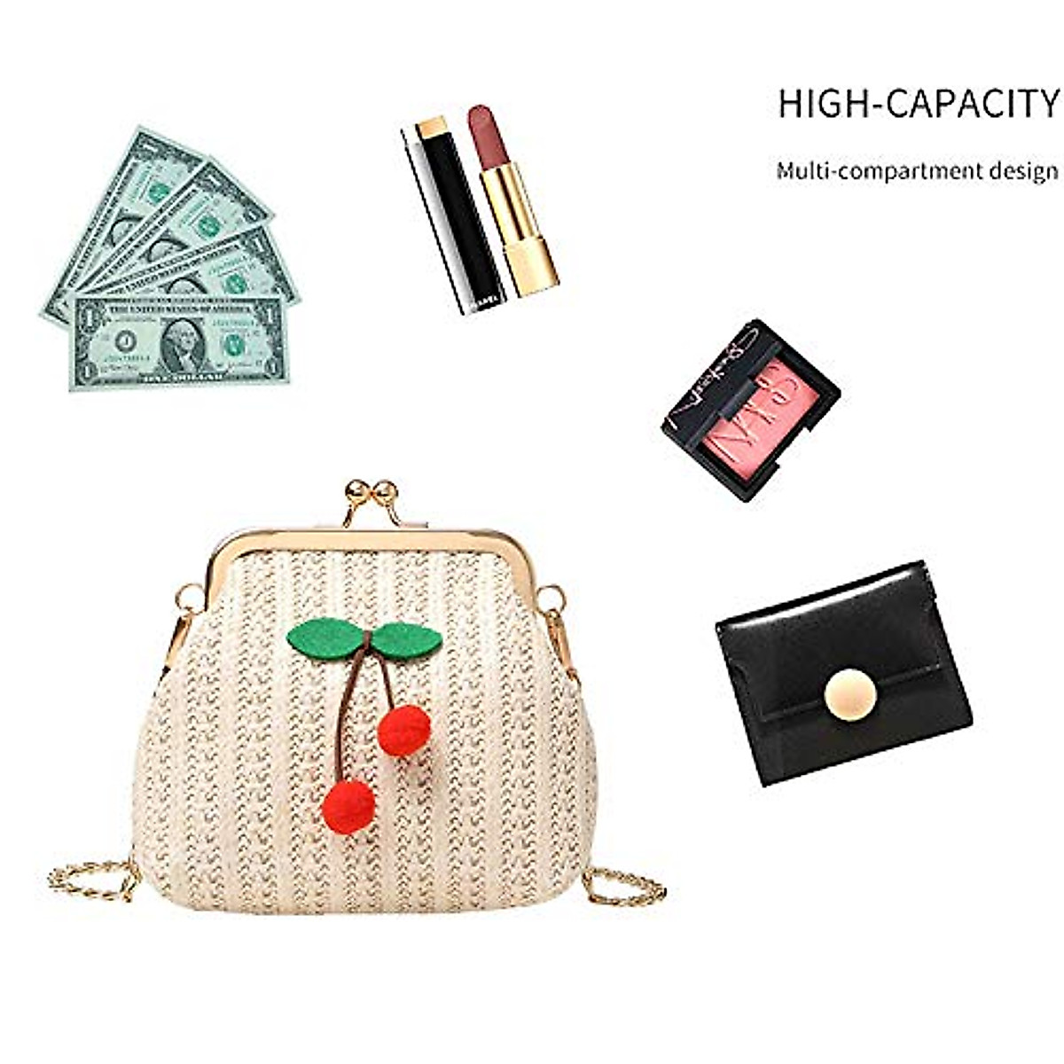 Buddy Supplies Women Straw Weave Handbag Summer Beach Purse Kiss Lock Shoulder Bag Chain Crossbody Bag beige