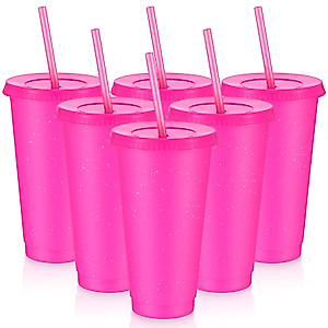 6 Pcs Reusable Tumbler with Lids and Straws Plastic Iced Coffee Tumbler Glitter Travel Mug Cup for Smoothie Juices Birthday Party Cold Drink Cup Coffee Cup Bulk for Adult Kid Women (Rose Red,24 oz)