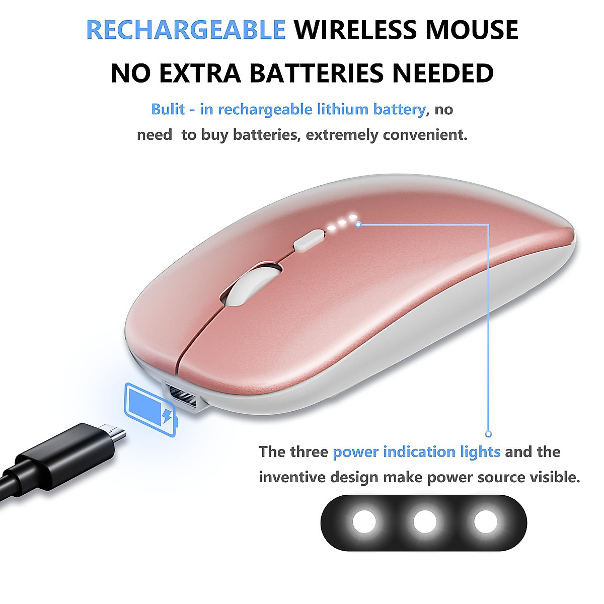 ShuGuoTu Wireless Mouse, 2.4G Slim Mute Silent Click Noiseless Optical Mouse with USB Receiver and Type C Adapter Compatible with Notebook, PC, Laptop, Computer, MacBook (Rose Gold)