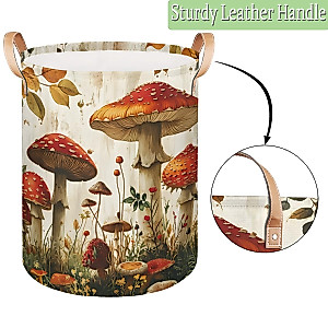 Gumuslen Retro Mushroom Leaves Laundry Basket Collapsible Dirty Clothes Laundry Hamper Canvas Waterproof Storage Baskets Baby Toys Organizer Bin Kids Nursery Hamper for Bathroom Bedroom