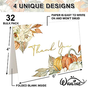 Whaline 32 Packs Fall Pumpkin Gold Foil Thank You Cards Autumn Watercolor Greeting Cards Blank Note Cards with Envelopes and Stickers for Thanksgiving Birthday Baby Shower Party, 4 x 6 Inch