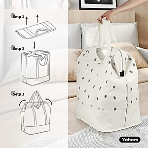 YOHOM Flexible Laundry Baskets Collapsible 60L Canvas Portable Tote Bag Bathroom Storage Bin Toy Organizer for College Dorms, Bedroom, Bathroom Oatmeal/Creamy-White