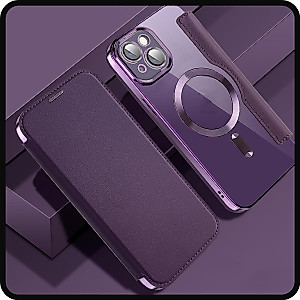 OSEVIO Transmitg Luxury Leather Flip Magnetic Phone Case with Card Holder, Transmitg Magnetic Leather Wallet Card Flip Transparent Case for iPhone 15 14 13 12 11 Pro Max (for iPhone 14 Pro,Brown)