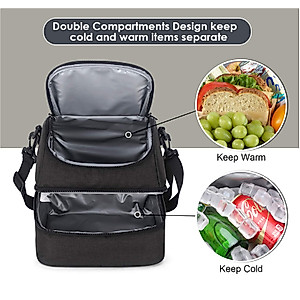 MIER 2 Compartment Kids Small Lunch Box Bag for Boys Girls Toddlers, Adult Leakproof Cooler Insulated Lunch Tote with Shoulder Strap (Dark Grey)