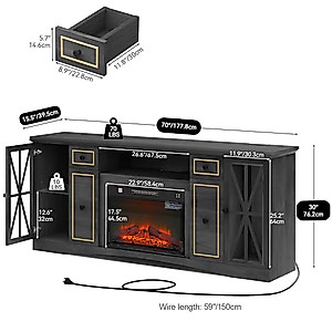 YITAHOME 70 Inch Electric Fireplace TV Stand for up to 80 Inch TVs, LED Entertainment Center with Fireplace for Living Room, Farmhouse Fireplace TV Cabinet with Storage (Grey)
